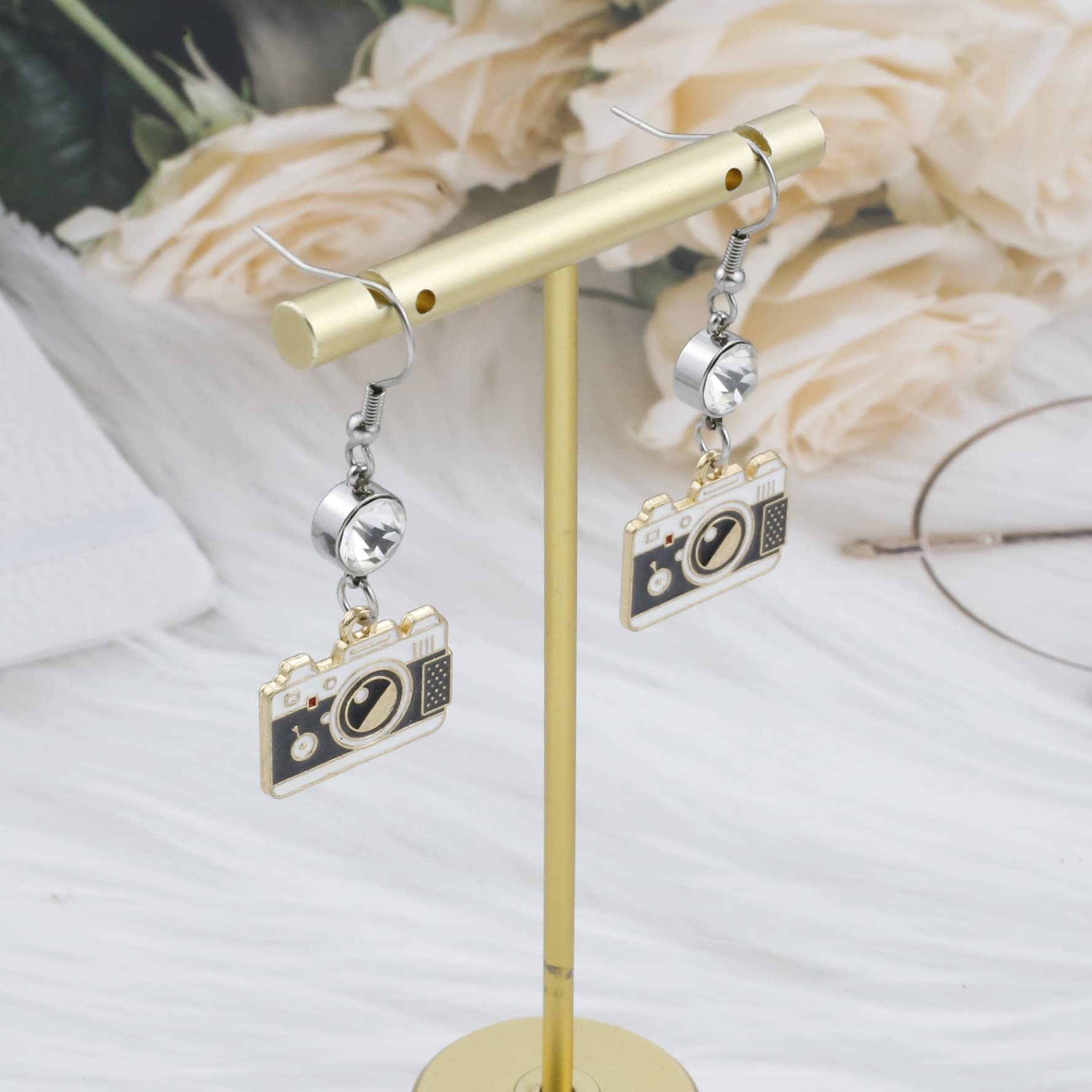 NC Camera Earrings with Birthstone Photographer Earrings Personalized Retro Camera Earrings Photography Gift Camera Charms Jewelry (Camera Ear RG)
