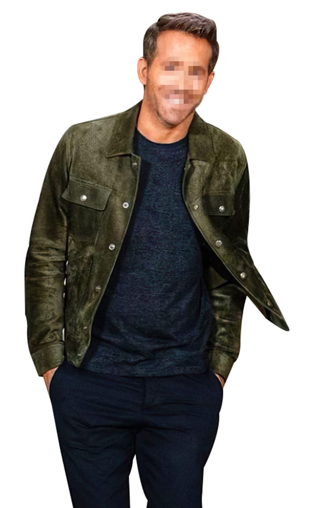 LP-FACON Mens Red Notice Ryan Reynlds Green Trucker Suede Leather Jacket For Nolan Booth