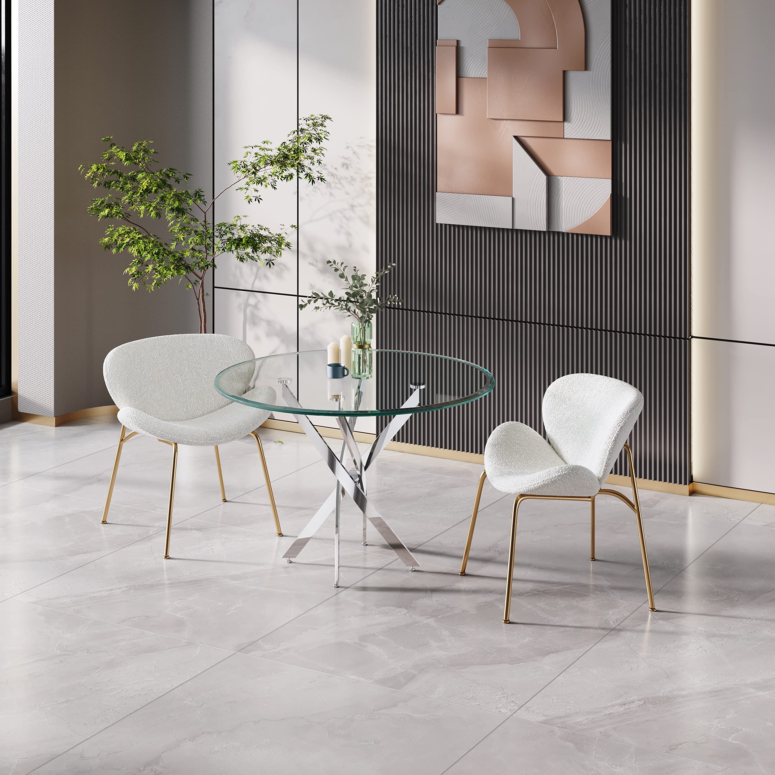Pvillez Contemporary Dining Table, 36" Round Tempered Glass, Stainless Steel Base, Seats 4, Clear Kitchen Table for Dining