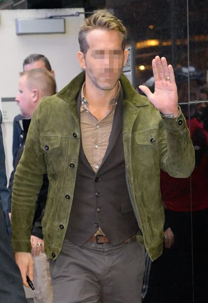 LP-FACON Mens Red Notice Ryan Reynlds Green Trucker Suede Leather Jacket For Nolan Booth