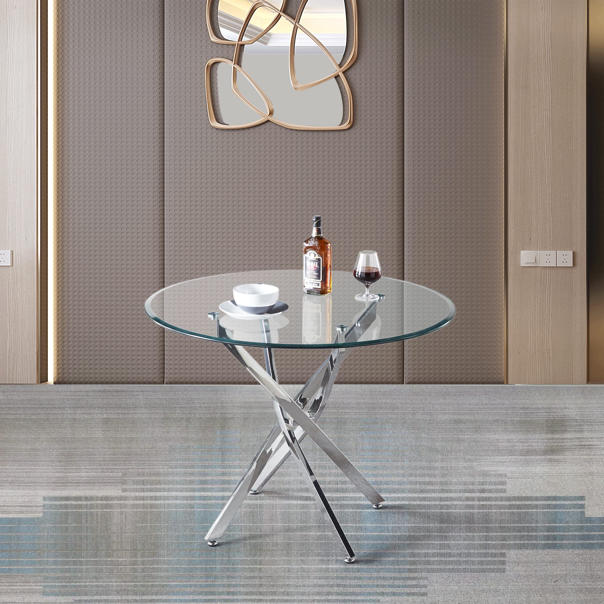 Pvillez Contemporary Dining Table, 36" Round Tempered Glass, Stainless Steel Base, Seats 4, Clear Kitchen Table for Dining