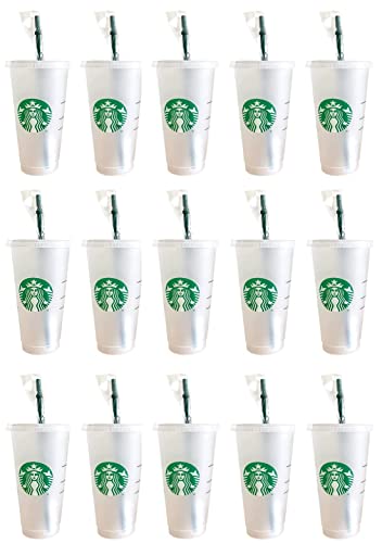 Starbucks 15 Pack Bundle - Reusable Frosted 24 oz Cold Cup with Lid and Green Straw w/Stopper
