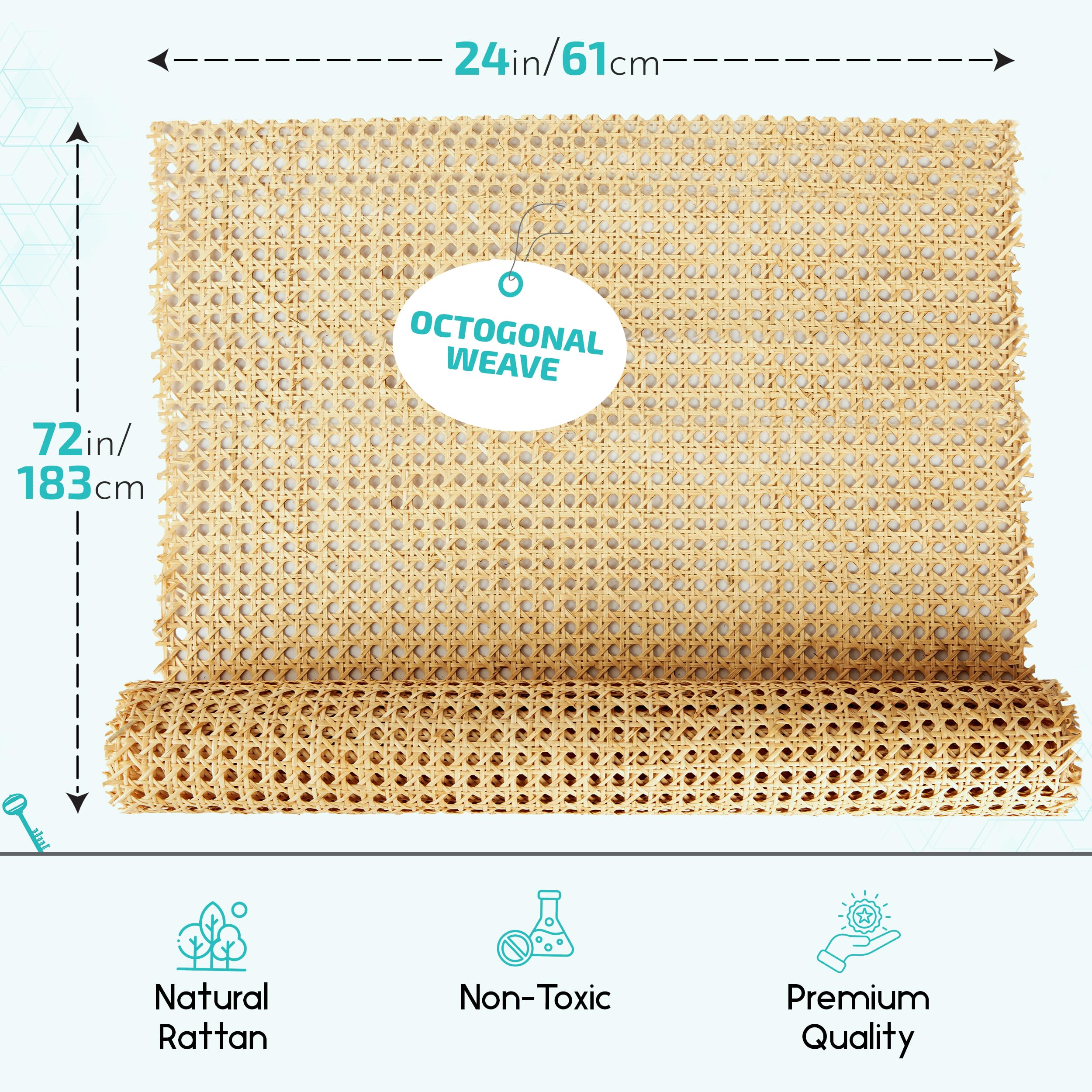 Cane Webbing Roll 24" Wide - Open Mesh Rattan Roll - Woven Cane Material Rattan Fabric Sheets Open Weave Wicker Material for Chair Caning Kit, DIY Supplies, Furniture Repair, Replacement Kit (2'x6')