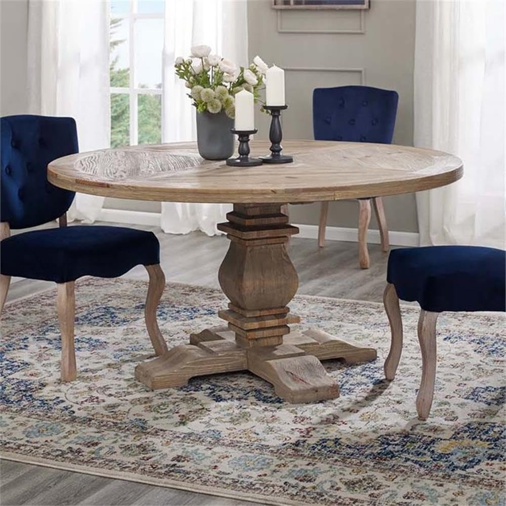 Modway Column 59" Rustic Farmhouse Pine Wood Round Kitchen and Dining Room Table, Brown