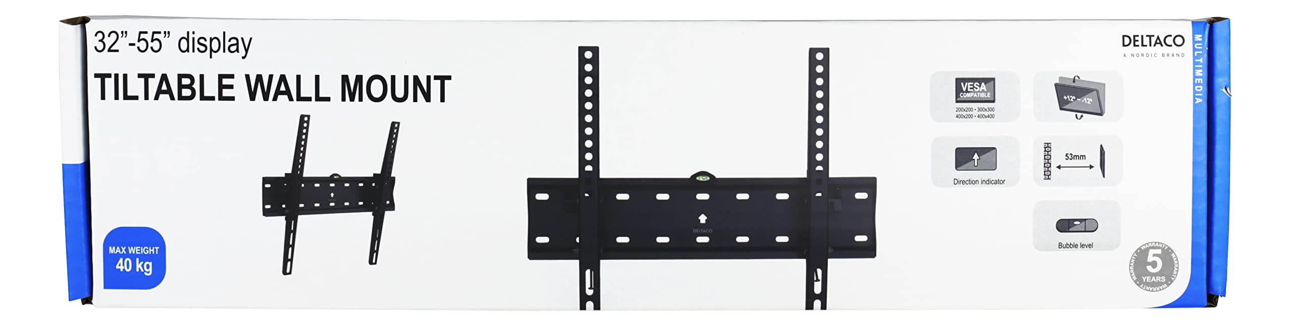 DELTACO ARM-1101 - Fixed Wall Mount with Spirit Level, Suitable for Screen from 32 to 55 inch - Black