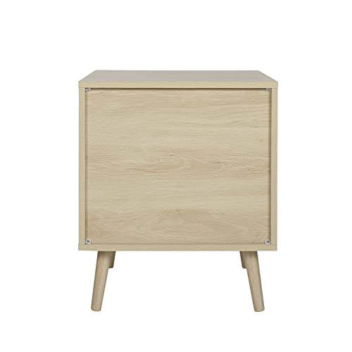 Rattan Nightstand with Drawer and Open Storage Shelves, Wood Finish End Table, Accent Side Table for Living Room, Bedroom