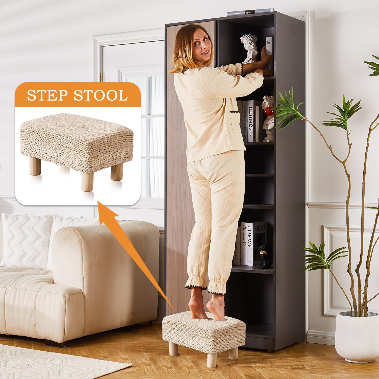 Cpintltr Foot Stool Ottoman Rectangular Footrest Pouf Ottomans Natural Seagrass Footstool with Wooden Legs Hand Weave Step Stool for Living Room Bedroom Entryway Natural White