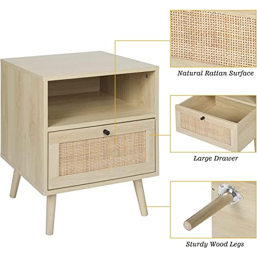 Rattan Nightstand with Drawer and Open Storage Shelves, Wood Finish End Table, Accent Side Table for Living Room, Bedroom