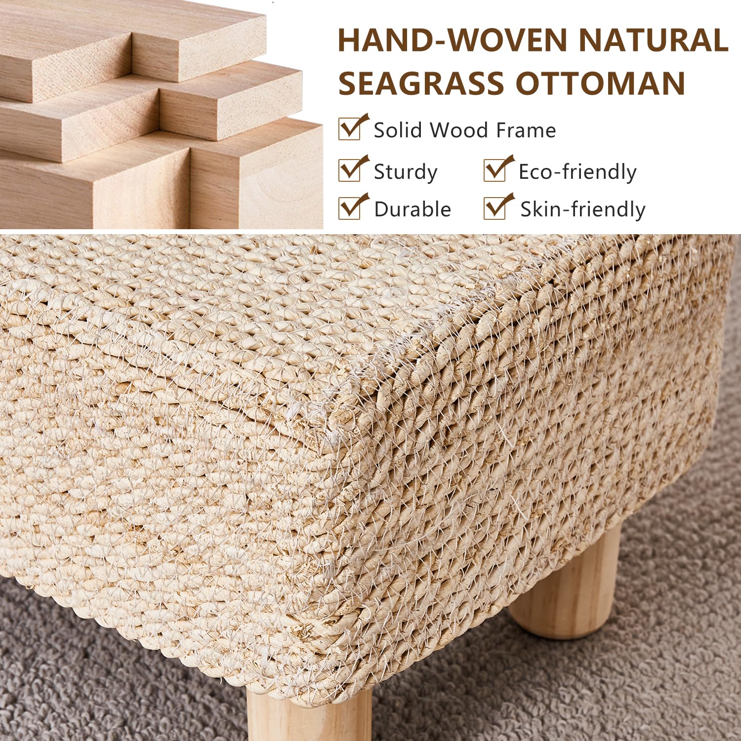 Cpintltr Foot Stool Ottoman Rectangular Footrest Pouf Ottomans Natural Seagrass Footstool with Wooden Legs Hand Weave Step Stool for Living Room Bedroom Entryway Natural White