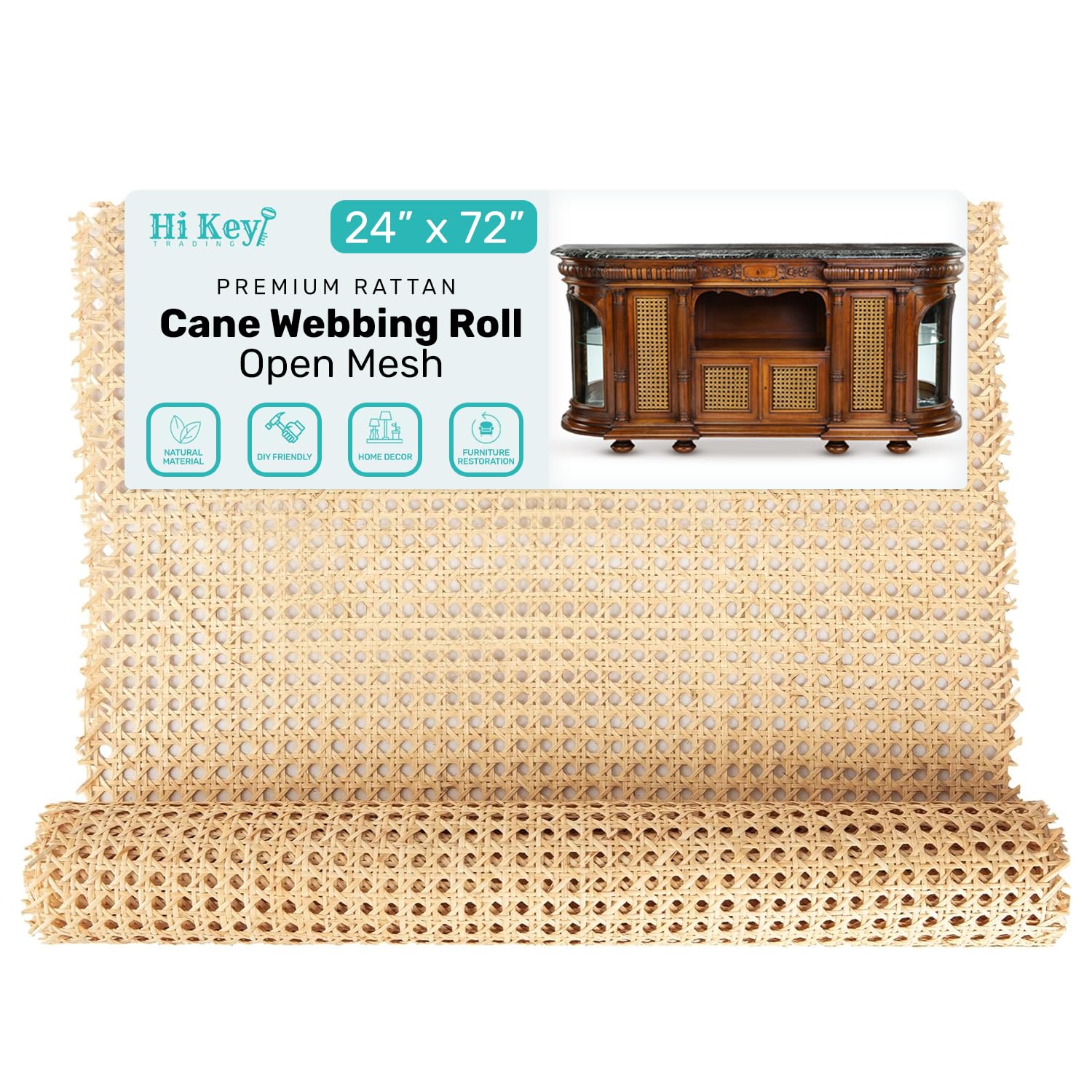 Cane Webbing Roll 24" Wide - Open Mesh Rattan Roll - Woven Cane Material Rattan Fabric Sheets Open Weave Wicker Material for Chair Caning Kit, DIY Supplies, Furniture Repair, Replacement Kit (2'x6')