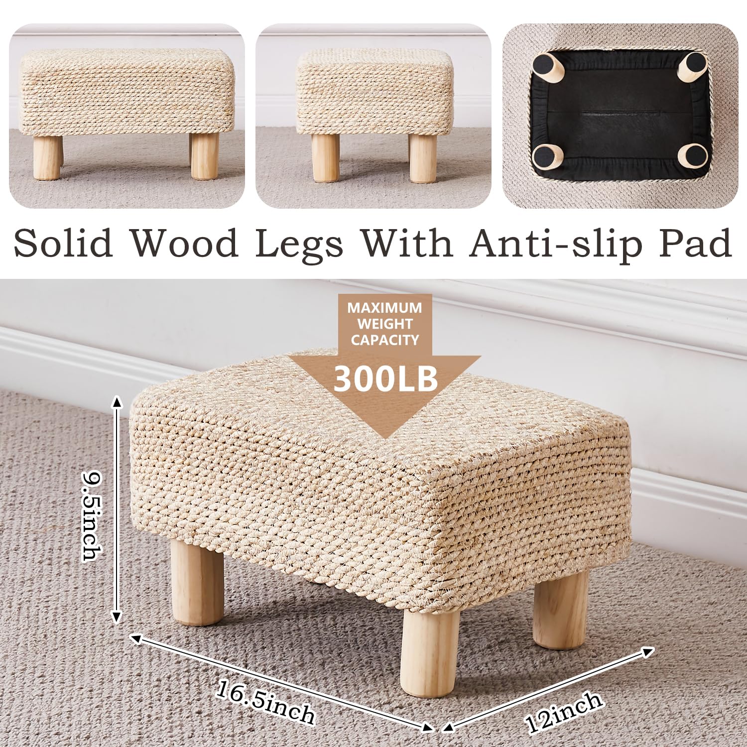 Cpintltr Foot Stool Ottoman Rectangular Footrest Pouf Ottomans Natural Seagrass Footstool with Wooden Legs Hand Weave Step Stool for Living Room Bedroom Entryway Natural White