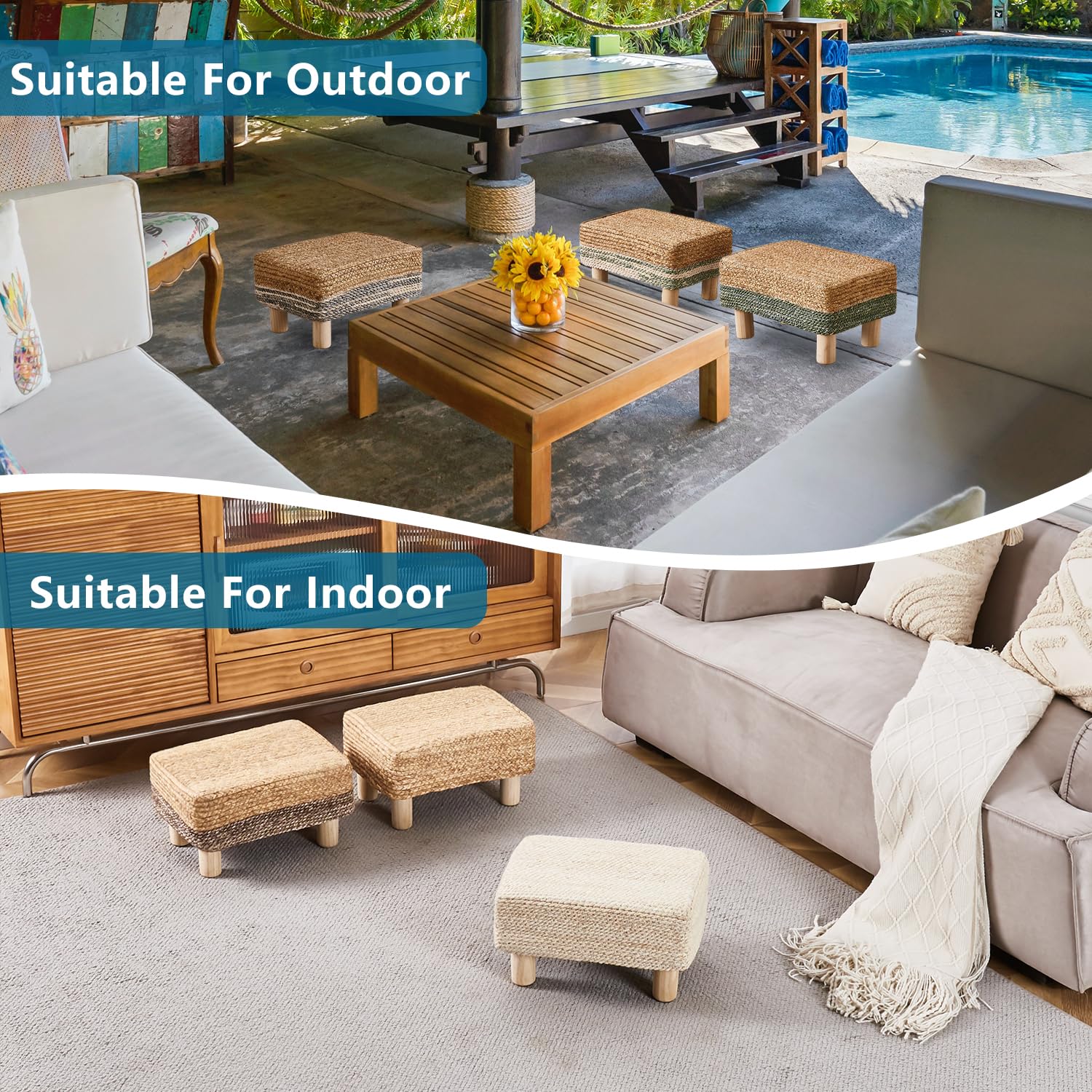 Cpintltr Foot Stool Ottoman Rectangular Footrest Pouf Ottomans Natural Seagrass Footstool with Wooden Legs Hand Weave Step Stool for Living Room Bedroom Entryway Natural White