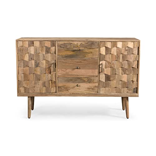 Great Deal Furniture Zona Mid-Century Modern Mango Wood 3 Drawer Sideboard with 2 Doors, Natural