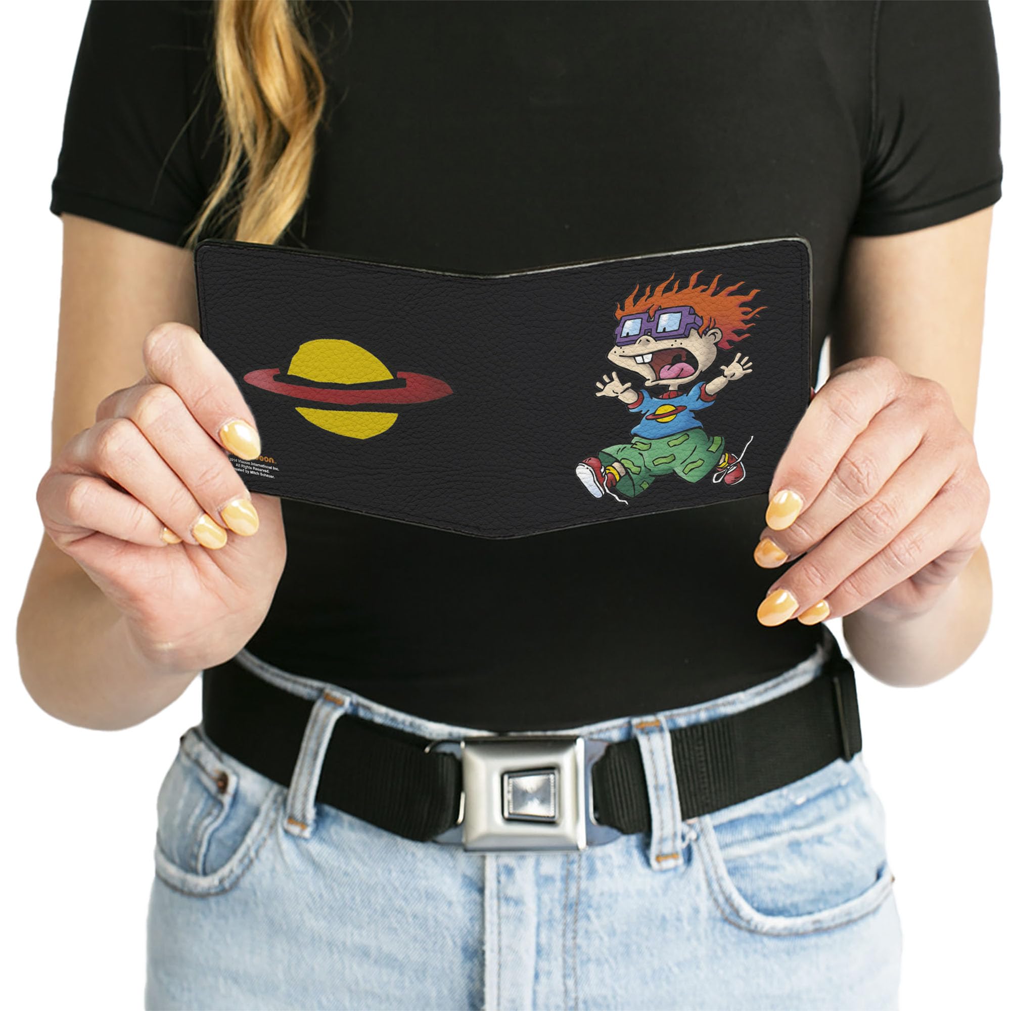 Rugrats Men's Buckle-Down PU Bifold Wallet-Chuckie Running Pose + Saturn Black, Multicolor, 4.0" x 3.5"