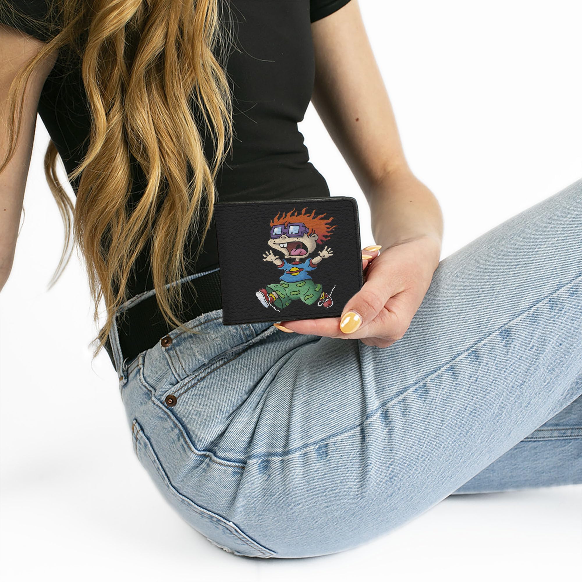 Rugrats Men's Buckle-Down PU Bifold Wallet-Chuckie Running Pose + Saturn Black, Multicolor, 4.0" x 3.5"
