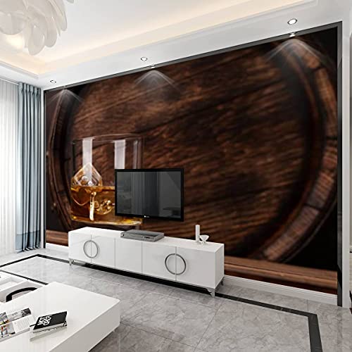 Modern 3D Scotch Whiskey Glass and Old Barrel Wallpaper Stick and Peel Wall Stickers Removable Wall Paper Mural for Living Room Bedroom TV Background Wall