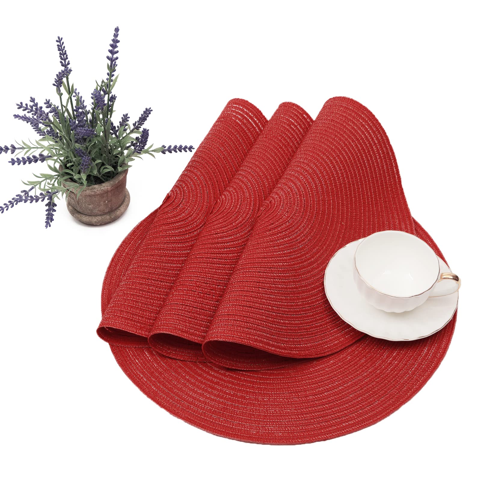 SHACOS Round Braided Placemats Set of 8 Washable 15 inch Round Table Mats Non Slip Woven Place Mats for Dining Table (Red, 8)