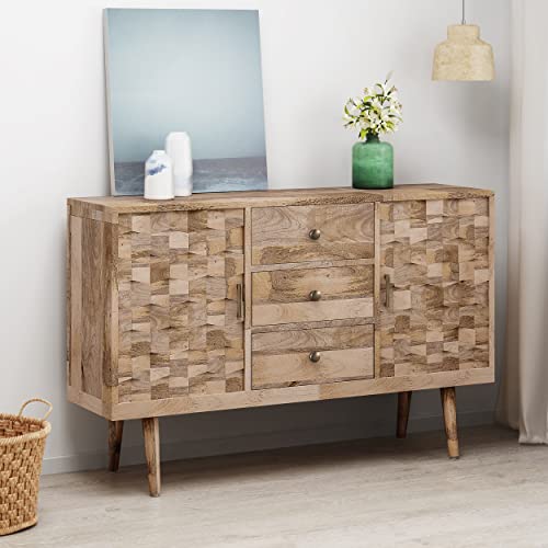 Great Deal Furniture Zona Mid-Century Modern Mango Wood 3 Drawer Sideboard with 2 Doors, Natural