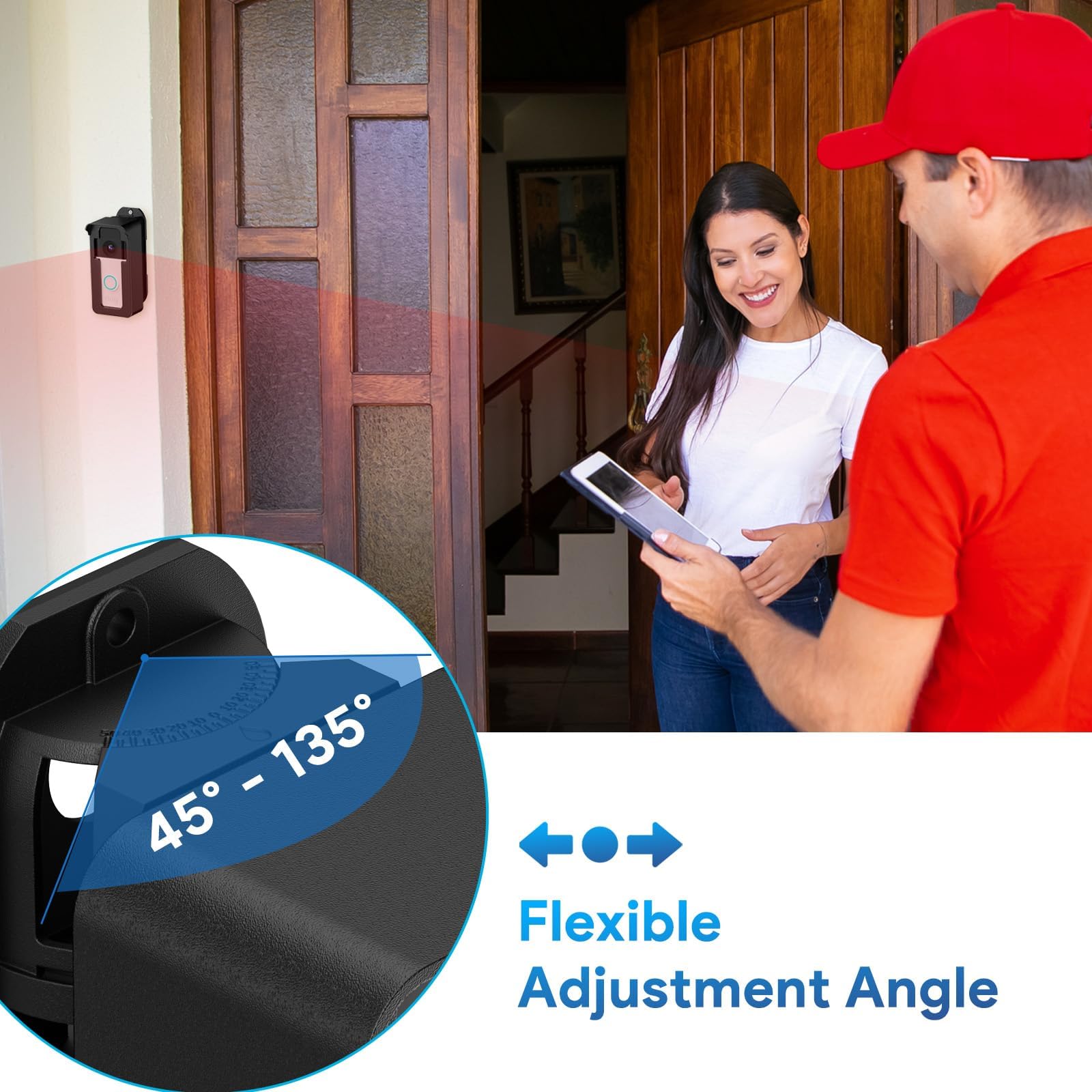 Anti-Theft Video Doorbell Angle Mount, 45 to 135 Degree Adjustable Ring Camera Holder Doorbell Door Mount for Apartment, Compatible with Ring/Blink Video Doorbell 4 3 Plus 2 1 Pro 2
