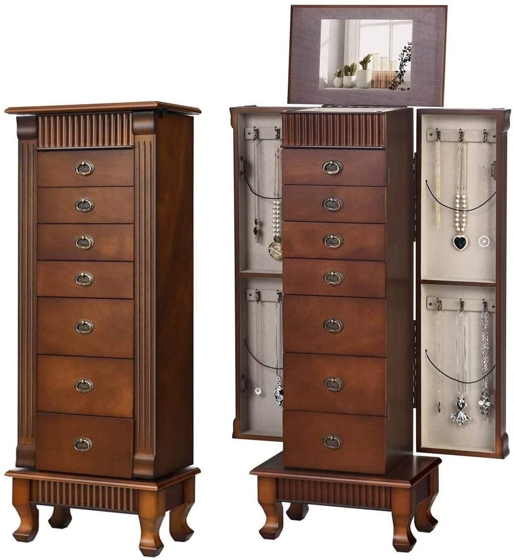 Hysache Jewelry Cabinet, Freestanding Jewelry Armoire Storage Chest w/ 7 Drawers, 2 Swing Doors, 12 Necklace Hooks, Large Capacity Wooden Jewellery Box Organizer for Bedroom Living Room
