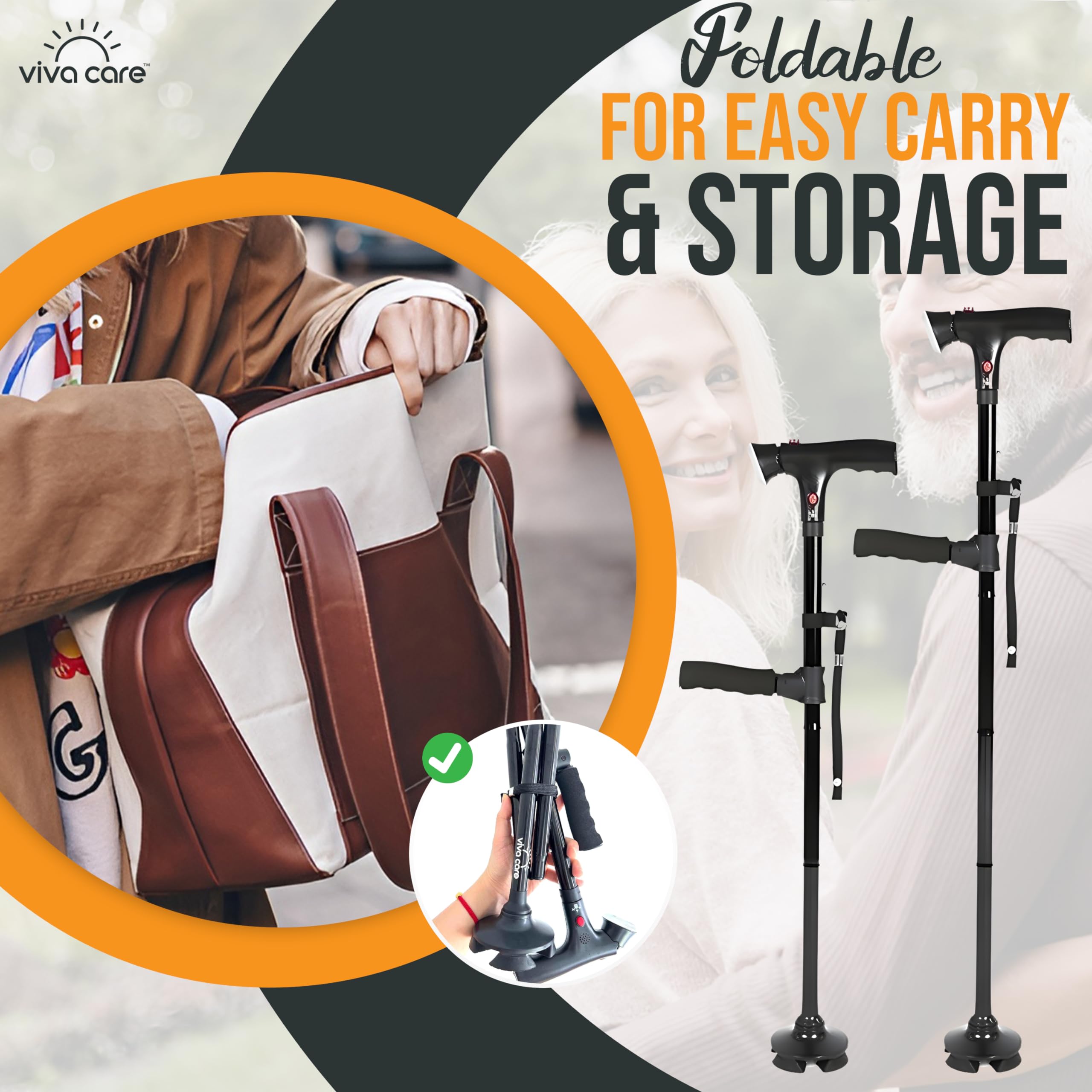 VIVA CARE Walking Cane with Light & Alarm - Foldable, Adjustable, Lightweight, for Balance & Stability for Adults, Seniors, & Injured. [Black]