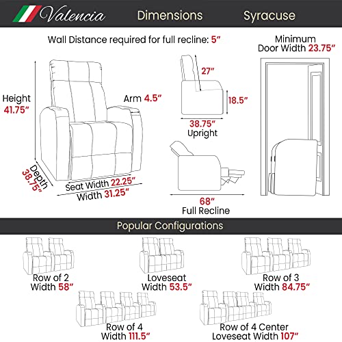 Valencia Syracuse Home Theater Seating | Premium Top Grain Nappa 9000 Leather, Power Recliner, LED Lighting (Row of 4, Black)