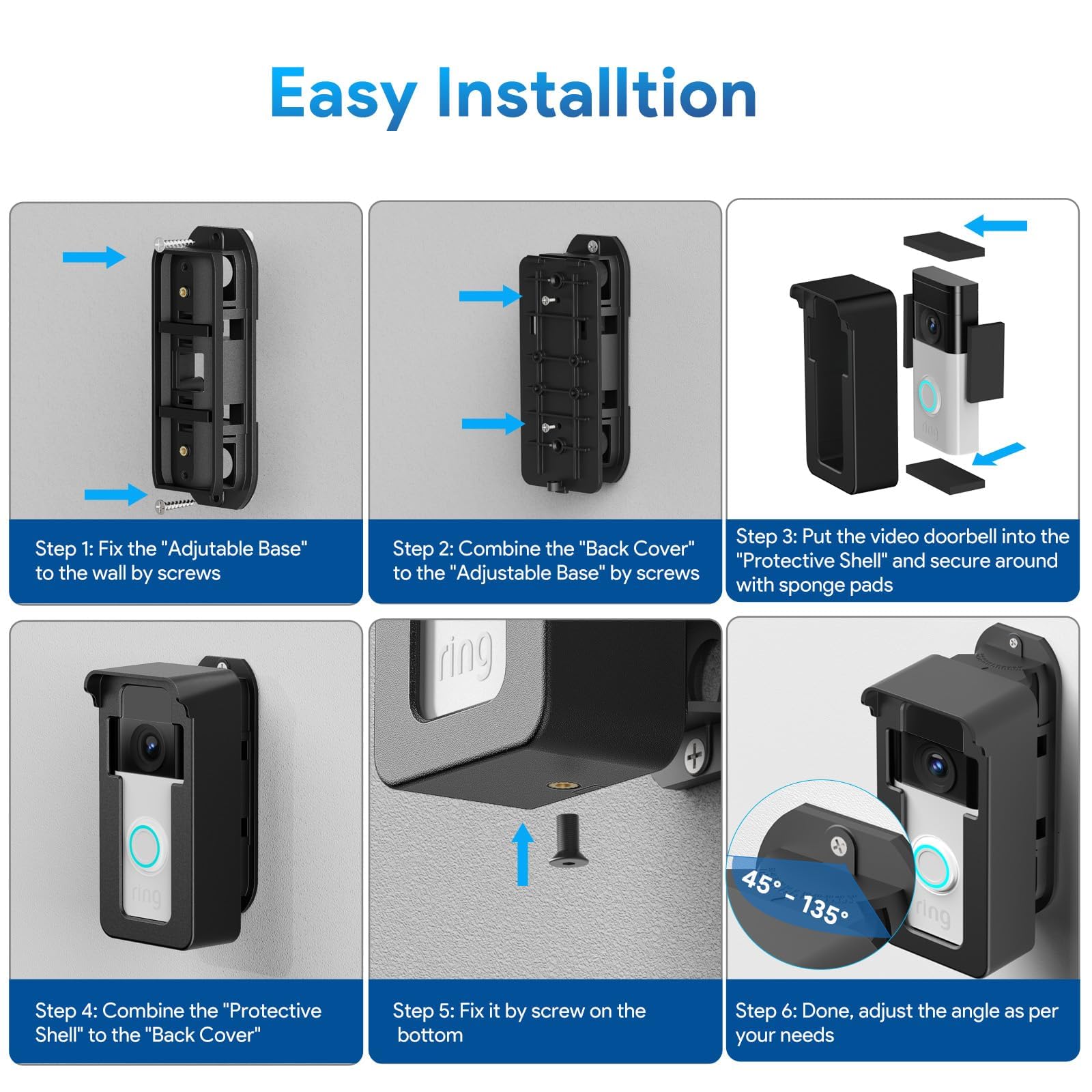 Anti-Theft Video Doorbell Angle Mount, 45 to 135 Degree Adjustable Ring Camera Holder Doorbell Door Mount for Apartment, Compatible with Ring/Blink Video Doorbell 4 3 Plus 2 1 Pro 2