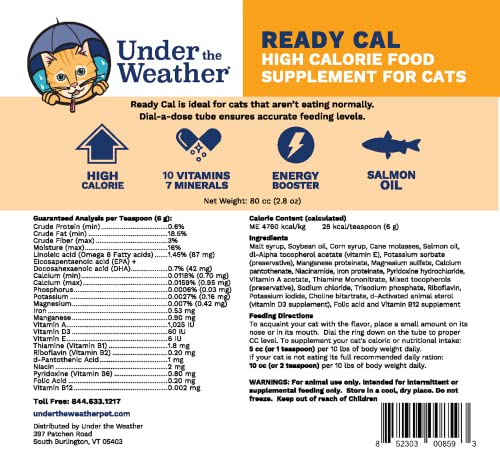 Under the Weather Pet | Ready Cal for Cats 100cc | High Calorie Nutritional Supplement for Weight Gain & Not Eating | 10 Vitamins, 7 Minerals, Omega Fatty Acids