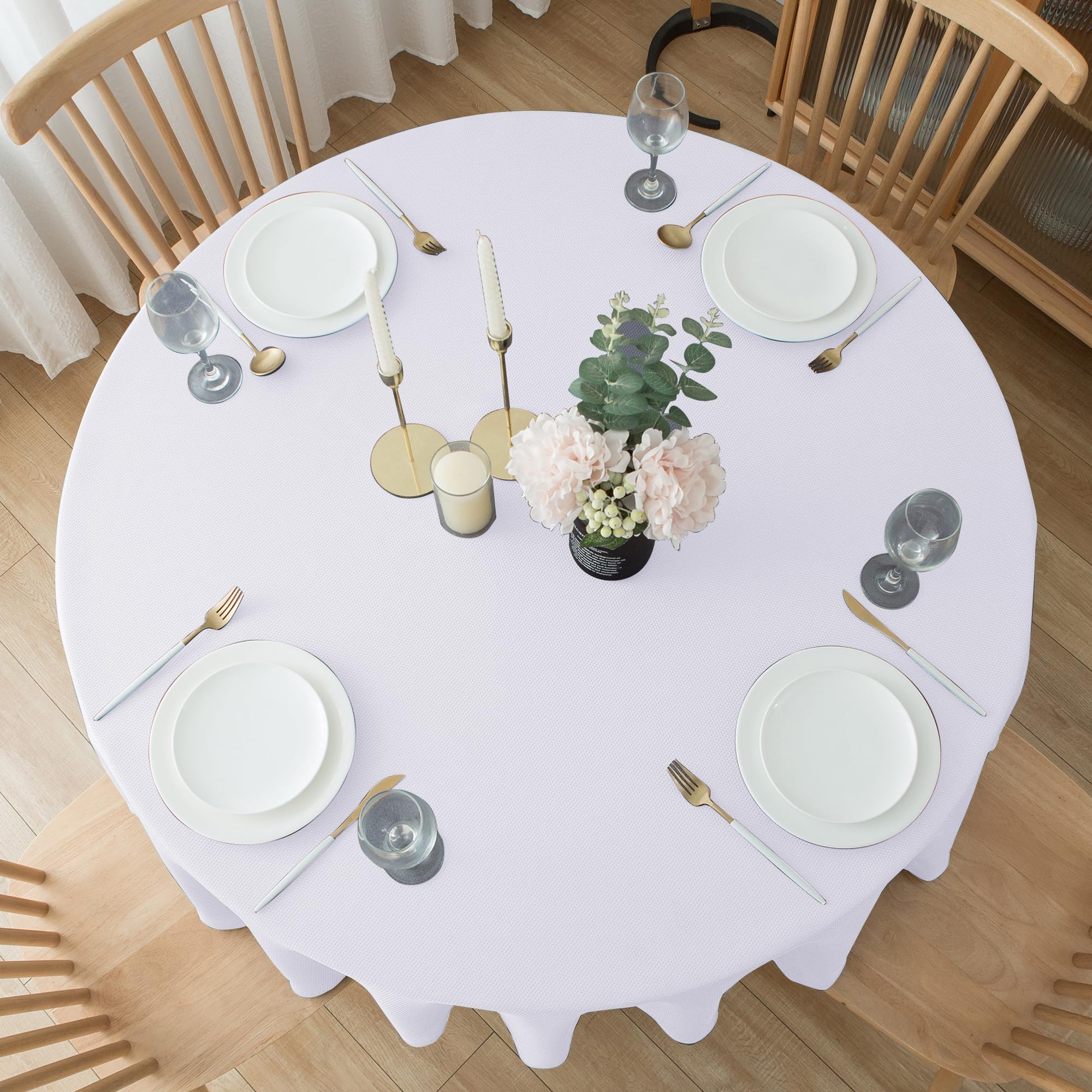 Biscaynebay Textured Fabric Tablecloths Round 70" for Tables' Diameters from 30" to 48", White Water Resistant Tablecloths for Dining, Kitchen, Wedding and Parties etc. Machine Washable