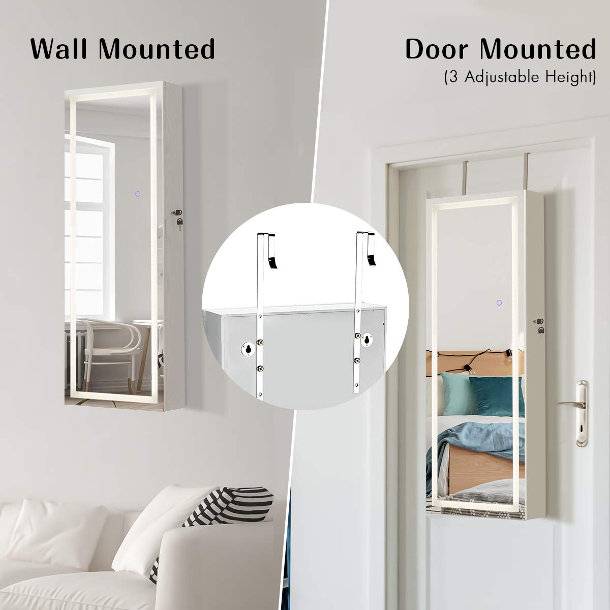 Giantex Jewelry Cabinet Armoire Door Wall Mount, 47.2in Lockable Touch Screen Lighted Full Length Mirror, 3 Lighting Settings, Inside Makeup Mirror, Jewelry Storage Box Organizer (Grayish White)