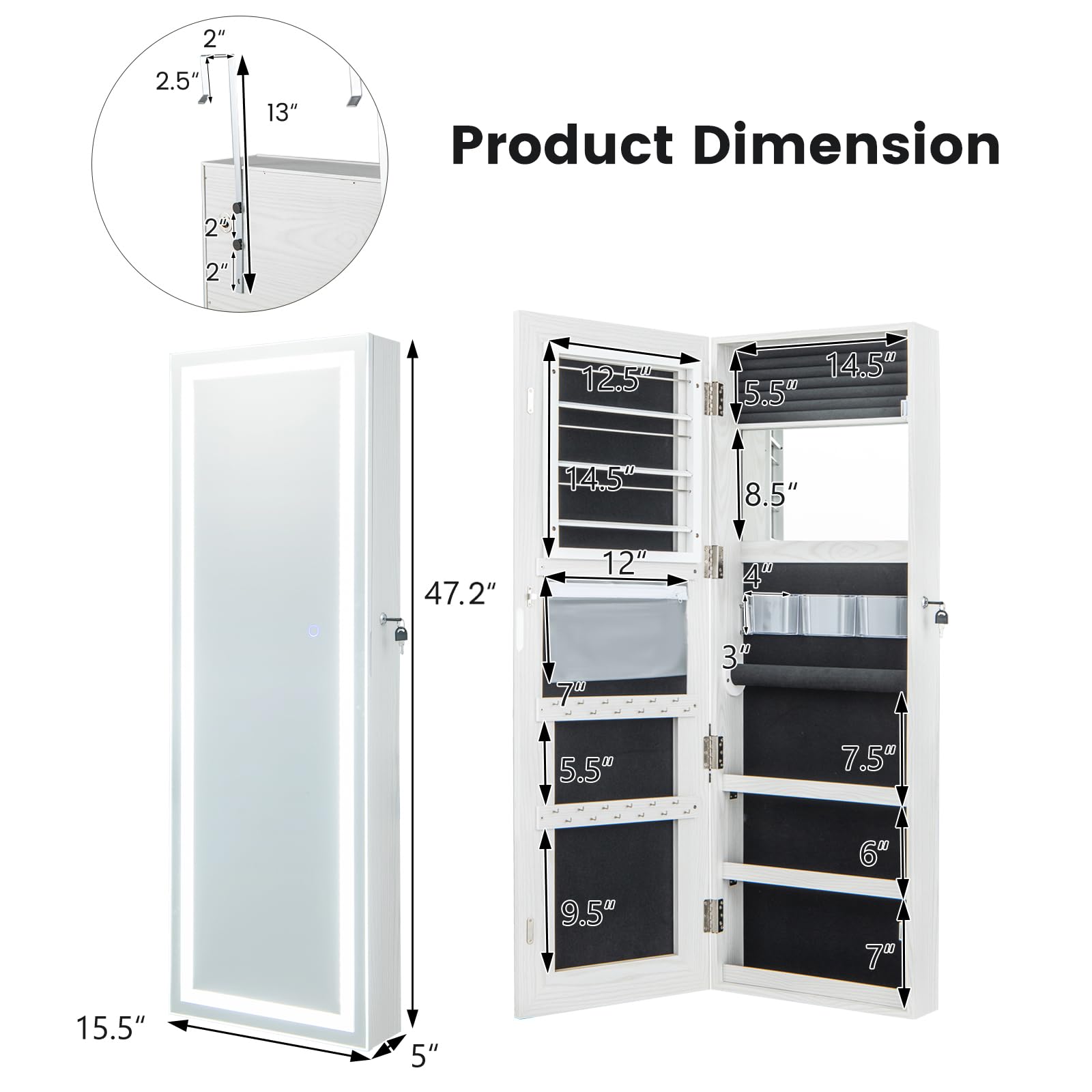 Giantex Jewelry Cabinet Armoire Door Wall Mount, 47.2in Lockable Touch Screen Lighted Full Length Mirror, 3 Lighting Settings, Inside Makeup Mirror, Jewelry Storage Box Organizer (Grayish White)