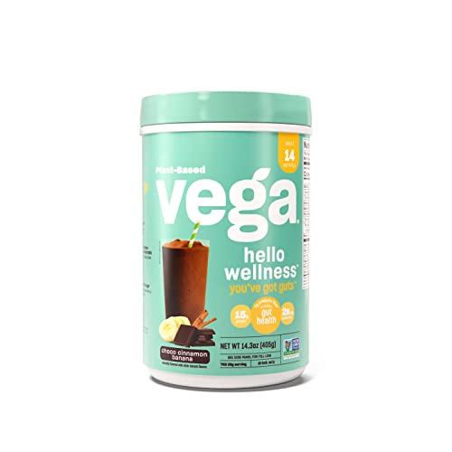 Vega Hello Wellness You’ve Got Guts Blender Free Smoothie, Choco Cinnamon Banana (14 Servings) Plant Based Vegan Protein Powder, 5g Prebiotic Fiber, 0g Added Sugar, 14.3oz (Packaging May Vary)