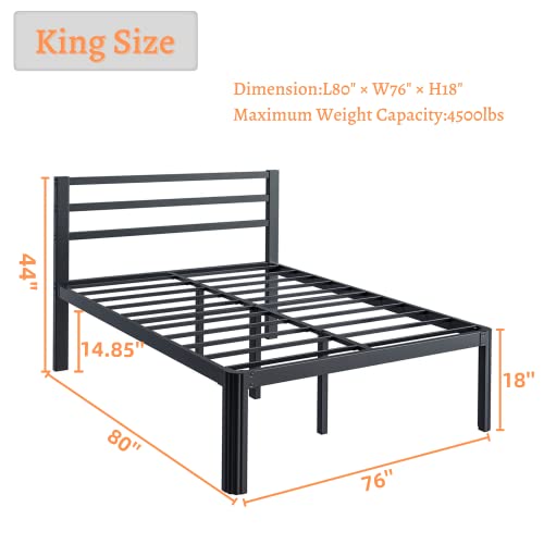 Woozuro King Bed Frame and Headboard, Heavy Duty Metal Platform Bed Frames with Round Corner Leg, No Box Spring Needed, Non-Slip Mattress Foundation, Noise-Free, Easy Assembly, Black