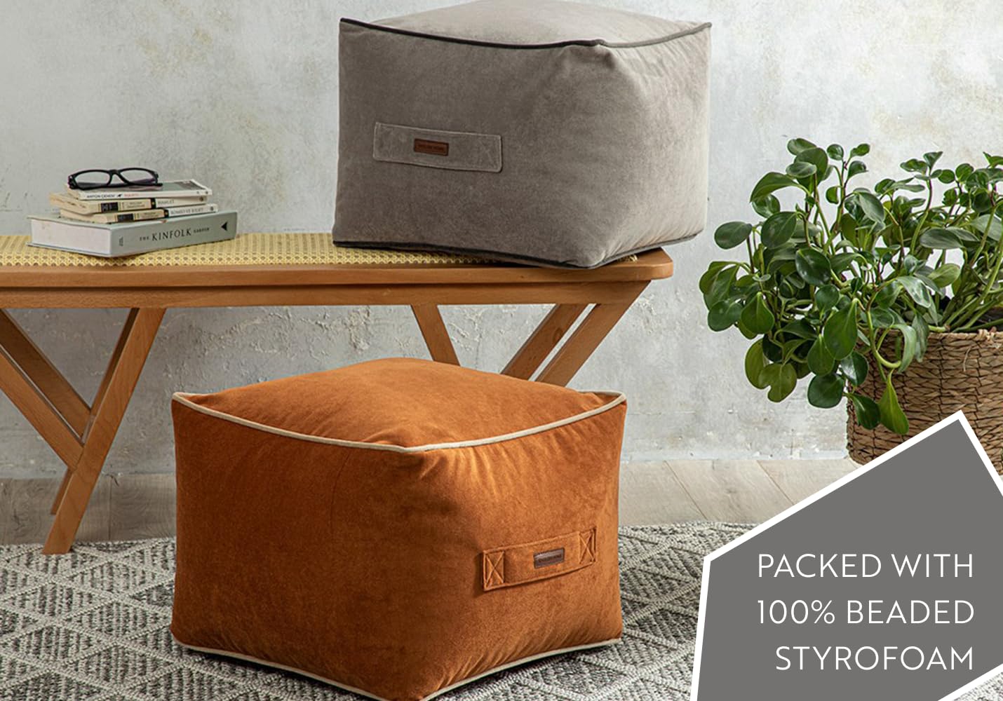 English Home Ottoman Pouffe, Comfortable Cube Foot Stool, Soft Velvet Bean Bag, Home Decor Footstool Extra Seating for Living Room, Bedroom, Casha, 17.7x17.7 inch (45x45 cm), Grey