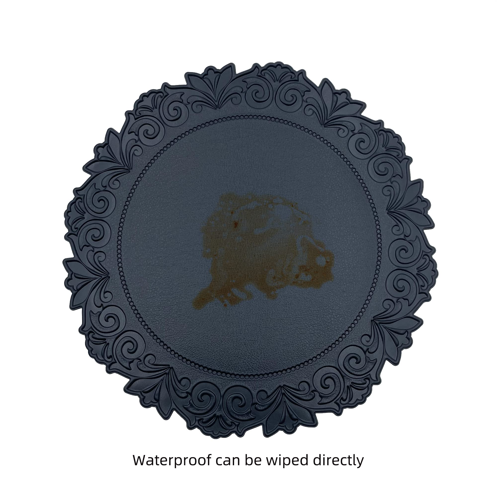 Canglifull European Embossed Waterproof Faux Leather Round Table Placemats Set of 6, Wipeable and Washable, Suitable for Round Tables, Dining Tables for Home Kitchen Decoration (Black)