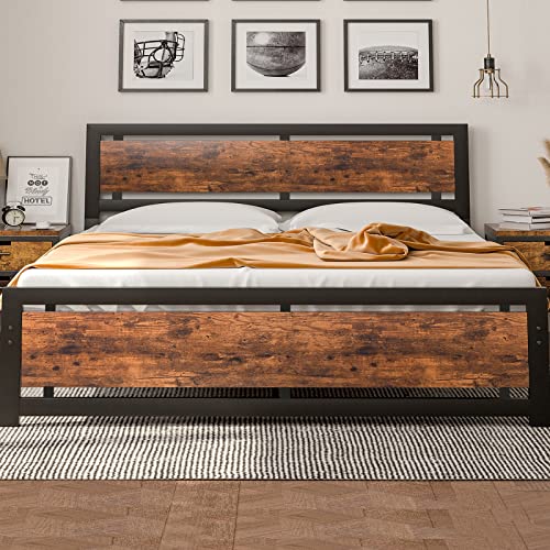 Codesfir King Size Bed Frame, Platform Metal Bed Frame King with Industrial Wood Headboard and 12 Strong Support Metal Legs, Easy Assembly, Noise-Free, No Box Spring Needed