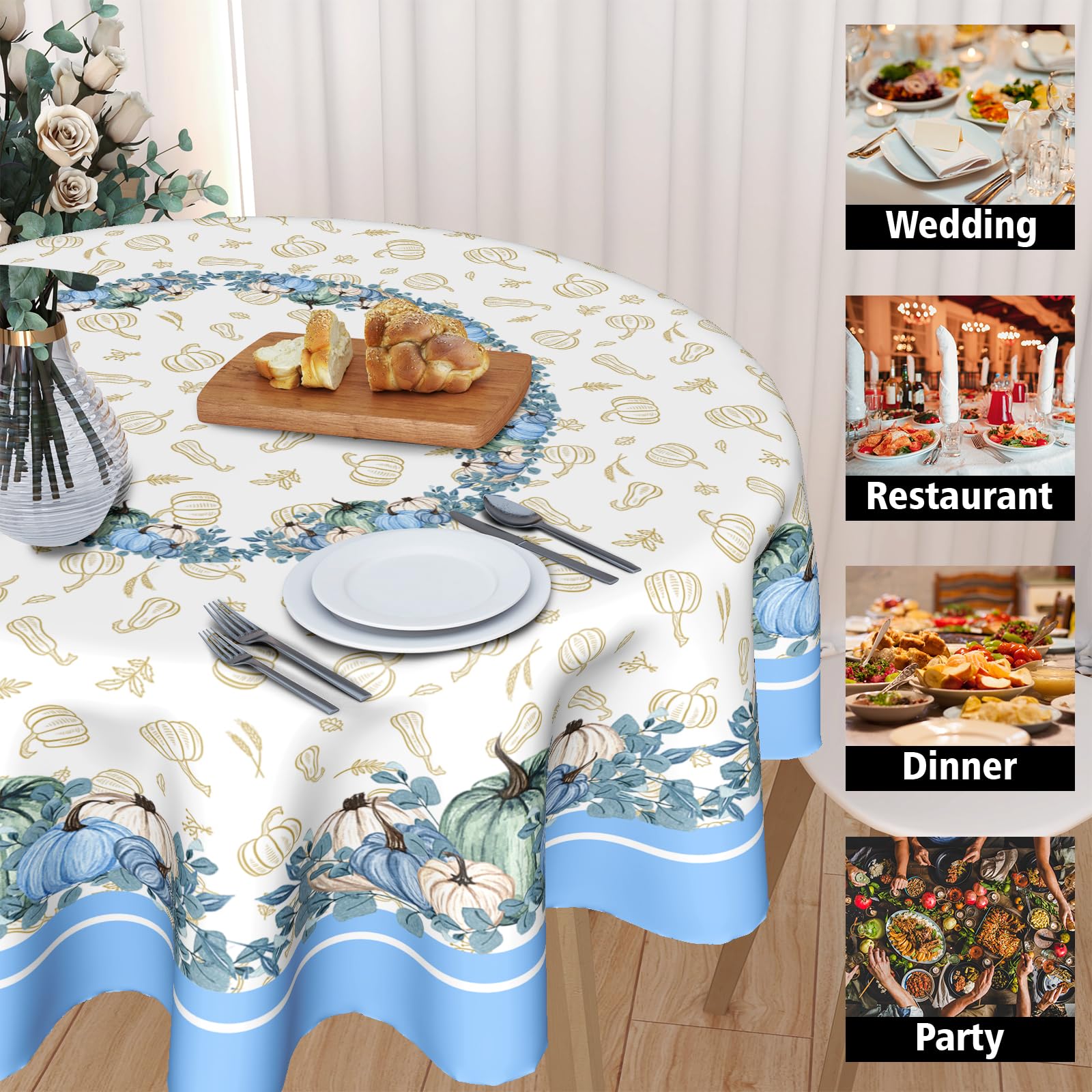 Miaoquhe Fall Blue Pumpkin Round Table Cloth 60 Inch Farmhouse Autumn Harvest Round Tablecloth Fall Thanksgiving Decorative Table Cloth Seasonal Dining Table Cover for Home Kitchen Picnic Party