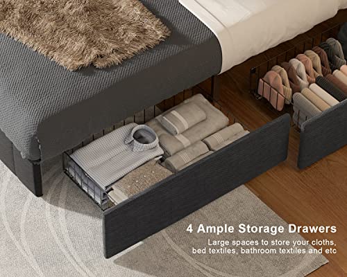 Gizoon Queen Bed Frame with 4 Storage Drawers, Upholstered Platform Bed with Headboard Adjustable, Fits 6” to 12” Mattress, No Box Spring Needed (Dark Grey)