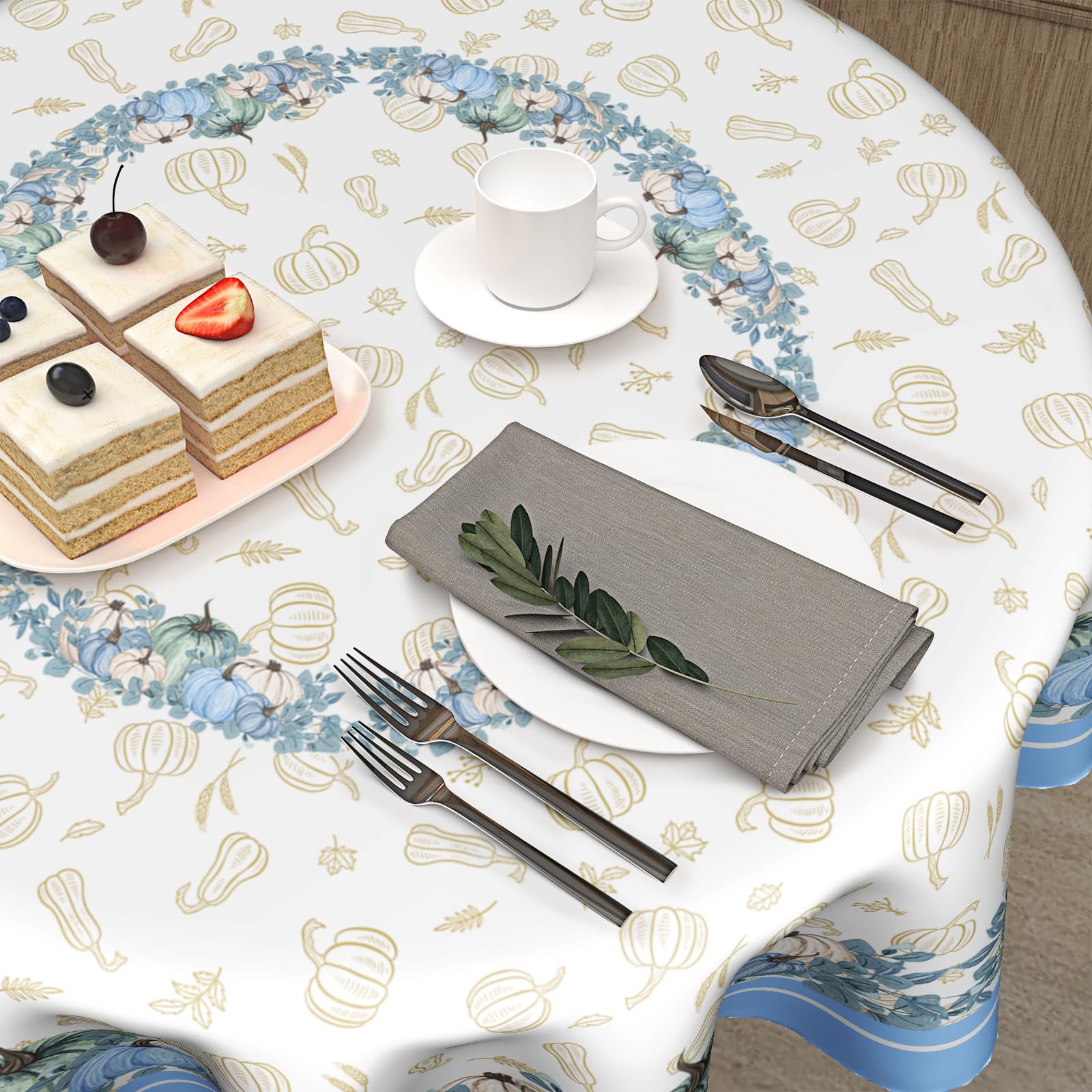 Miaoquhe Fall Blue Pumpkin Round Table Cloth 60 Inch Farmhouse Autumn Harvest Round Tablecloth Fall Thanksgiving Decorative Table Cloth Seasonal Dining Table Cover for Home Kitchen Picnic Party