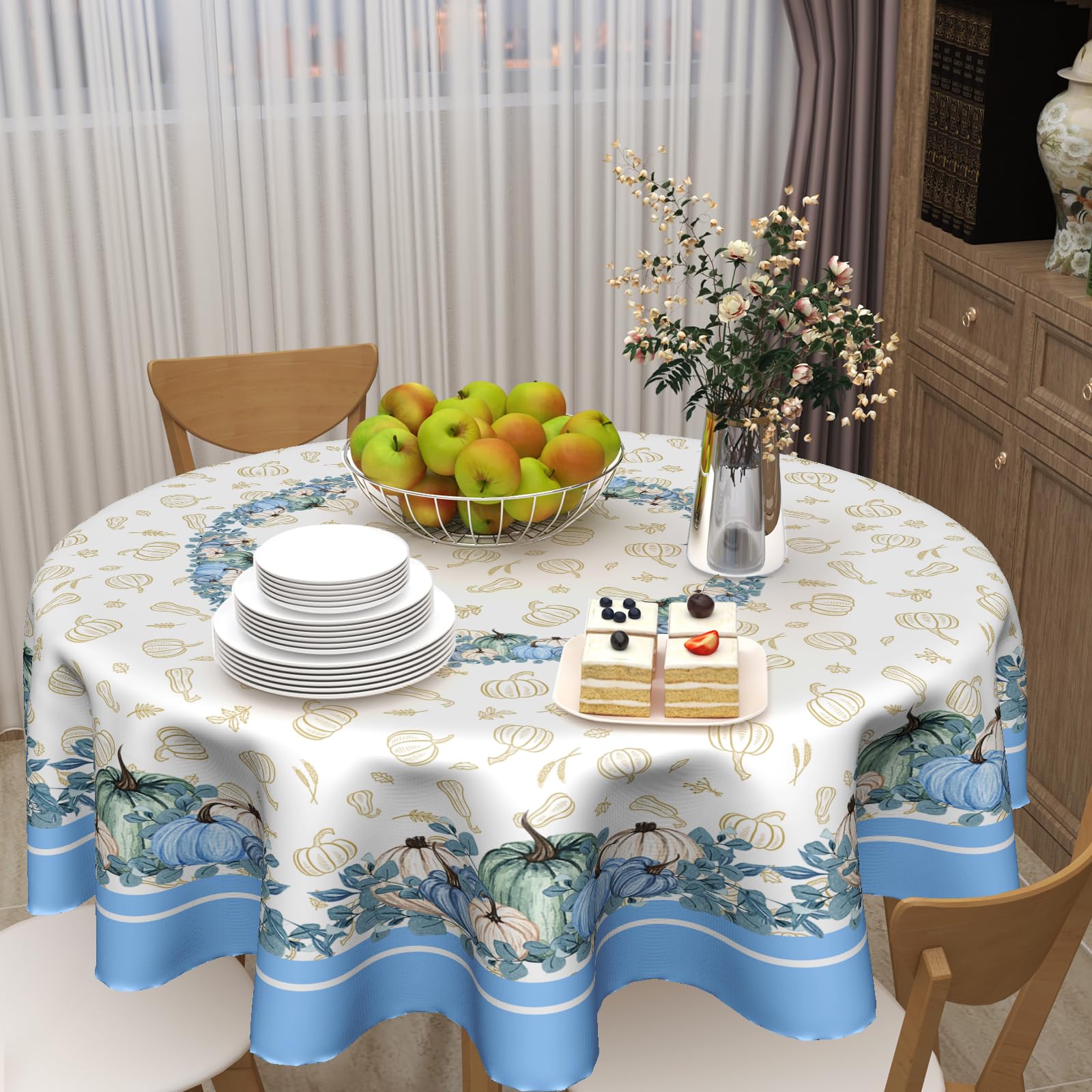 Miaoquhe Fall Blue Pumpkin Round Table Cloth 60 Inch Farmhouse Autumn Harvest Round Tablecloth Fall Thanksgiving Decorative Table Cloth Seasonal Dining Table Cover for Home Kitchen Picnic Party