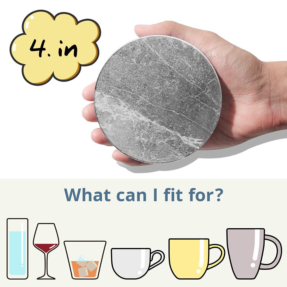 LIFVER Coasters for Drinks Absorbent, Living Room Decor, Ceramic Coasters Set of 6 with Cork Base, Protect Wooden Table or Furniture from Scratched, Drink Coasters with Holder - Grey