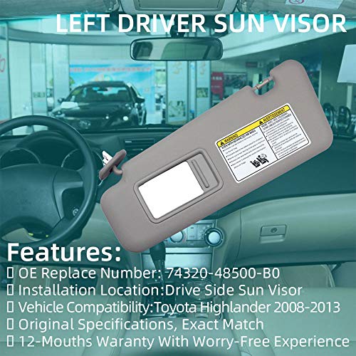 Dasbecan Front Left Driver Side Sun Visor with Light Compatible with Toyota Highlander 2008-2013 74320-48500-B0 (Gray)
