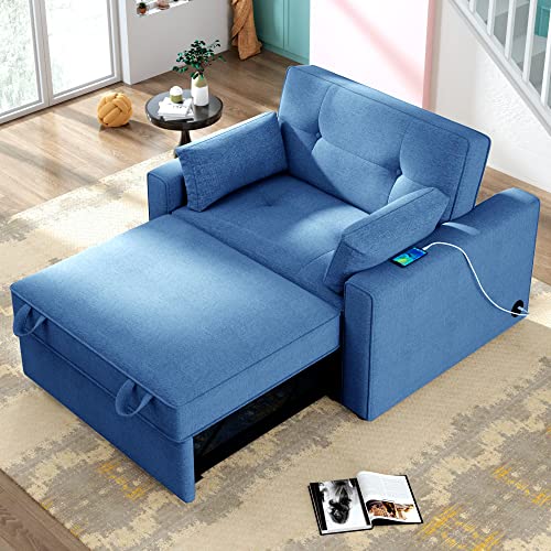 Merax 48 Inch Convertible Sleeper Bed, Multi-Functional Adjustable Sofa Couch Chair with Dual USB Ports and 2 Pillows, Blue_Linen