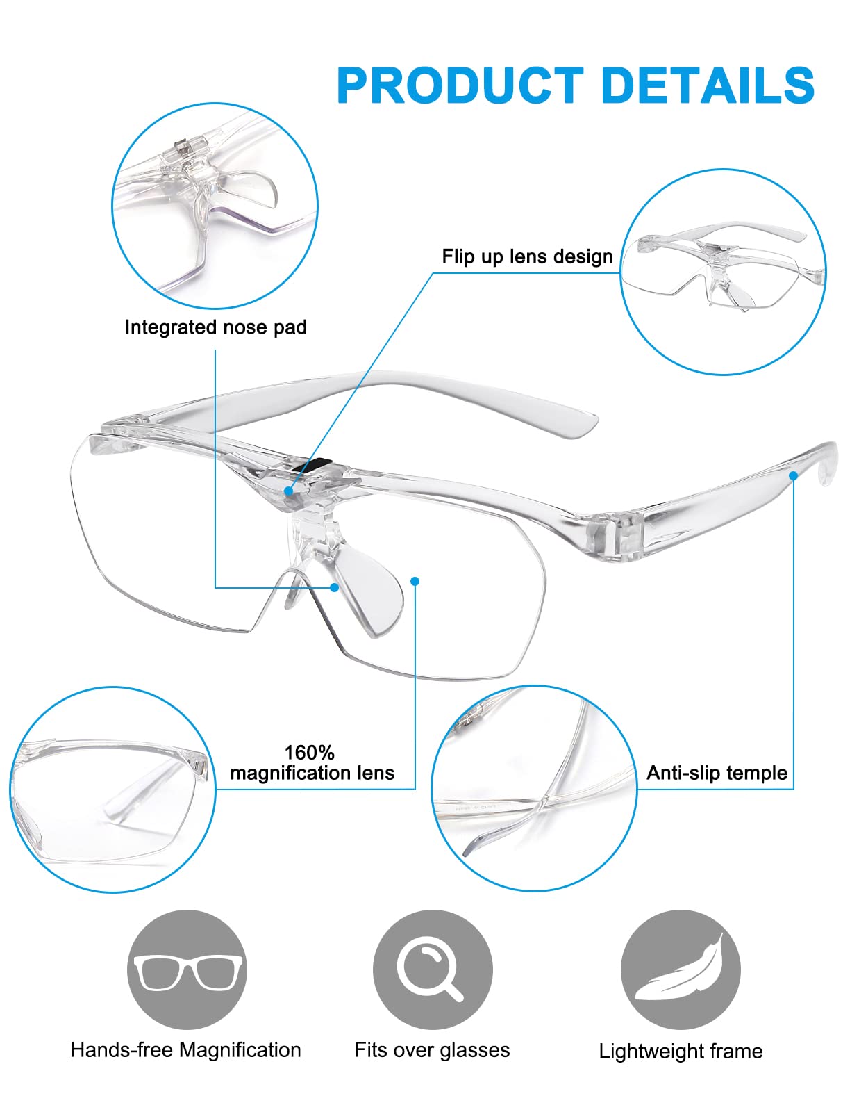 OKH 160% Magnifying Glasses, Flip Up Down Lens, Hands-Free Magnifier Eyeglasses for Close Work, Reading, Sewing, Jewelry Making, Craft, Hobby, Painting