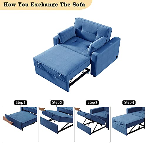 Merax 48 Inch Convertible Sleeper Bed, Multi-Functional Adjustable Sofa Couch Chair with Dual USB Ports and 2 Pillows, Blue_Linen