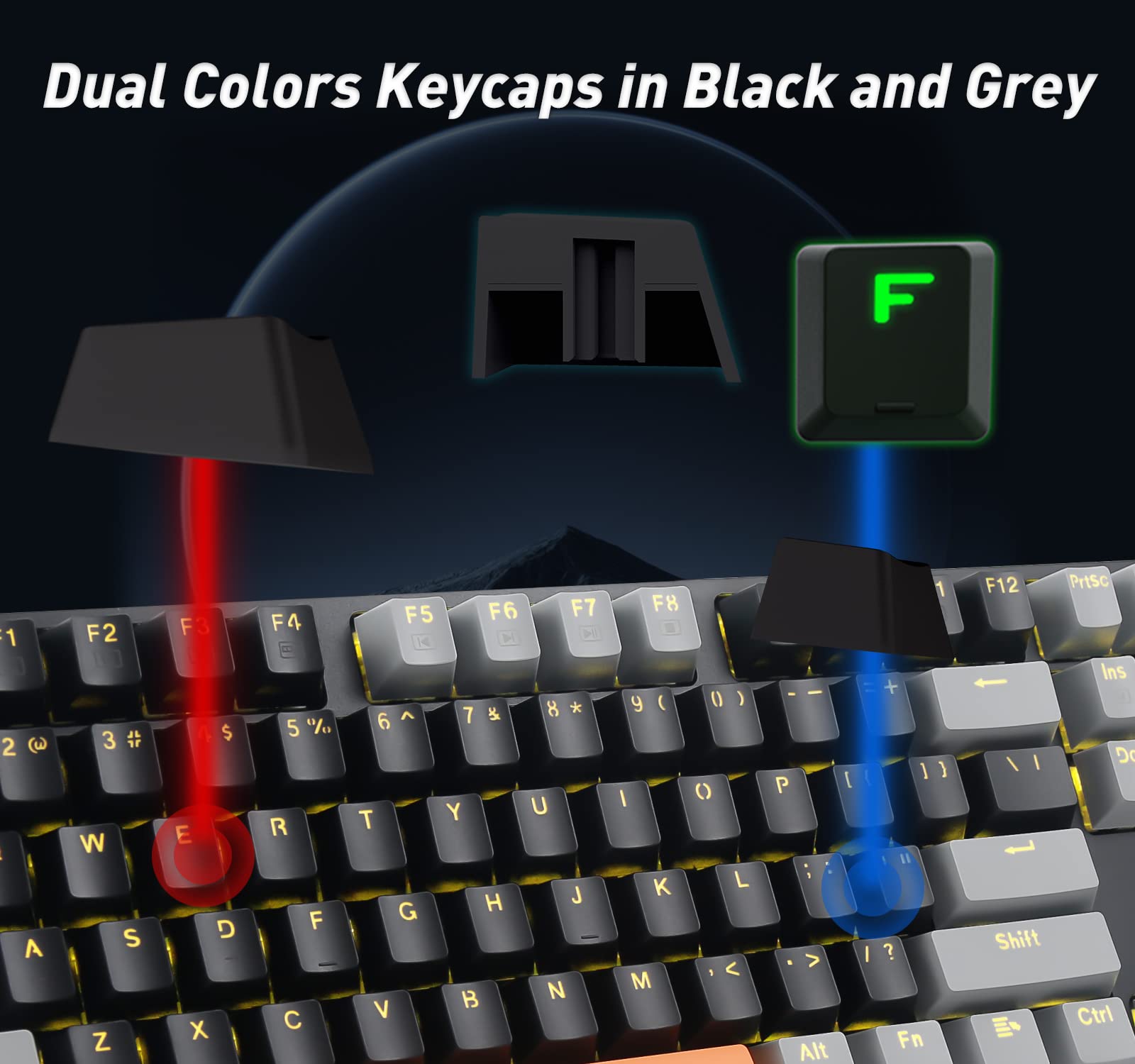E-YOOSO Z-14 Mechanical Gaming Keyboard Brown Switches 104 Key, Full-Size Computer Keyboards, Solid Yellow Backlit Keyboard for PC Gamer, Black&Grey