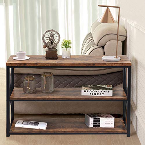 NSdirect Rustic Console Table, Farmhouse Sofa Table&TV Stand,Industrial 3-Tier Long Hallway/Entryway/Entrance Table with Storage Open Bookshelf for Living Room Bedroom Foyer,Brown Oak