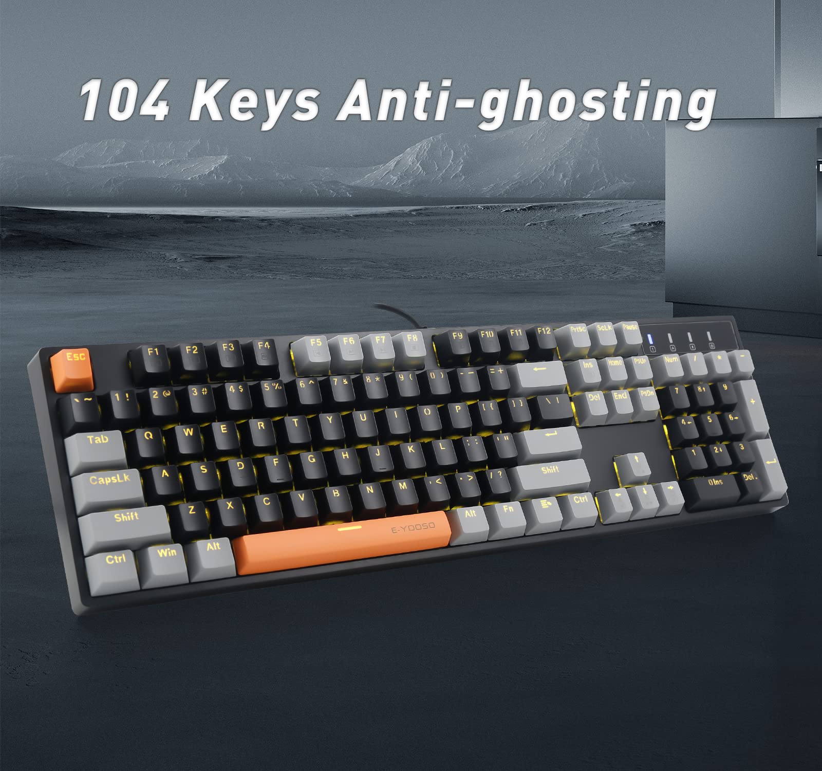 E-YOOSO Z-14 Mechanical Gaming Keyboard Brown Switches 104 Key, Full-Size Computer Keyboards, Solid Yellow Backlit Keyboard for PC Gamer, Black&Grey