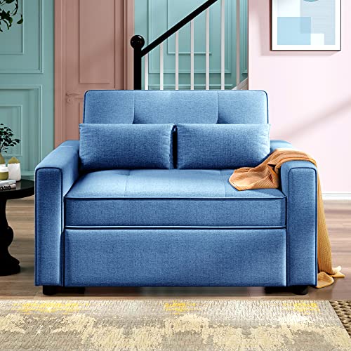 Merax 48 Inch Convertible Sleeper Bed, Multi-Functional Adjustable Sofa Couch Chair with Dual USB Ports and 2 Pillows, Blue_Linen