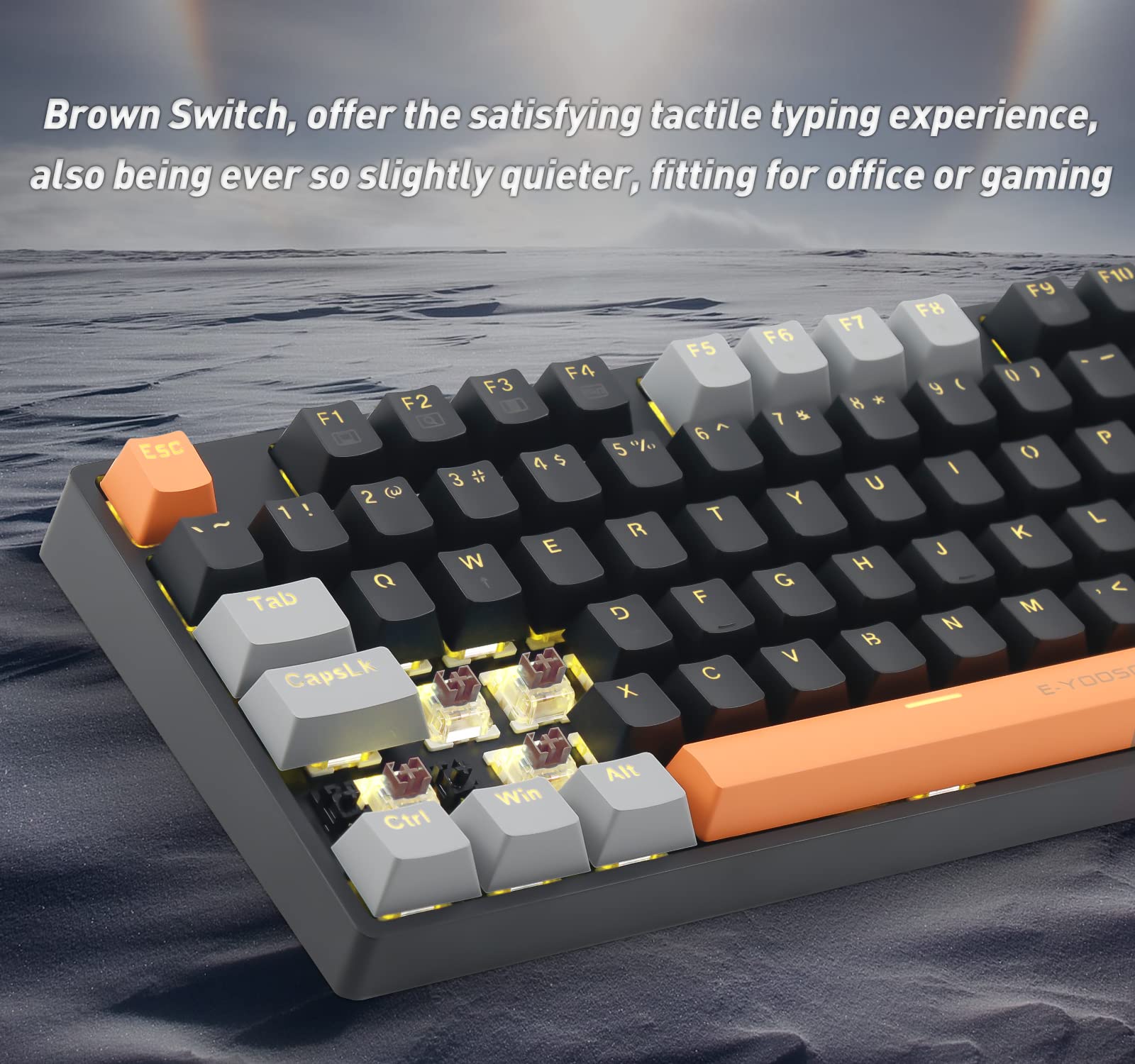 E-YOOSO Z-14 Mechanical Gaming Keyboard Brown Switches 104 Key, Full-Size Computer Keyboards, Solid Yellow Backlit Keyboard for PC Gamer, Black&Grey